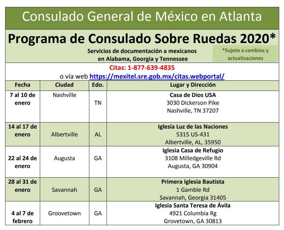 Consulado sobre Ruedas Atlanta; fechas y horarios para TODO 2020 ...